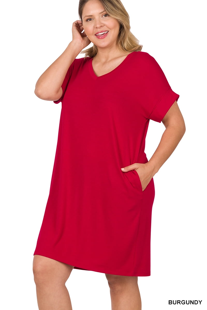 Zenana Women & Plus Rolled Short Sleeve V-Neck Midi Trapeze Tunic Dress ...