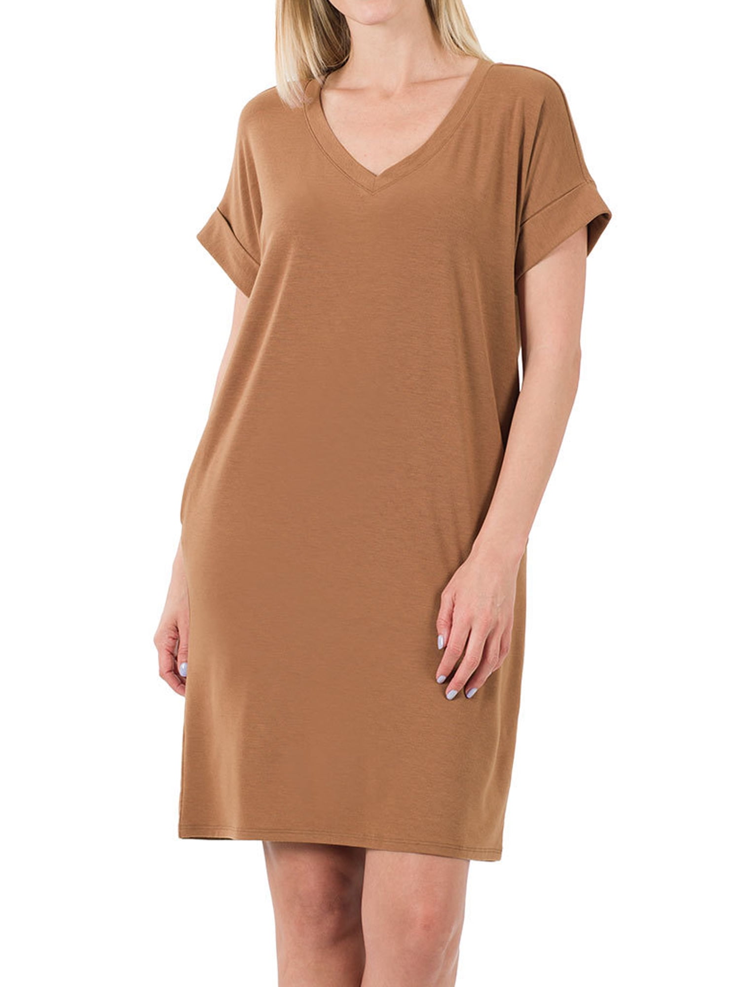 Zenana Women & Plus Rolled Short Sleeve V-Neck Midi Trapeze Tunic Dress ...