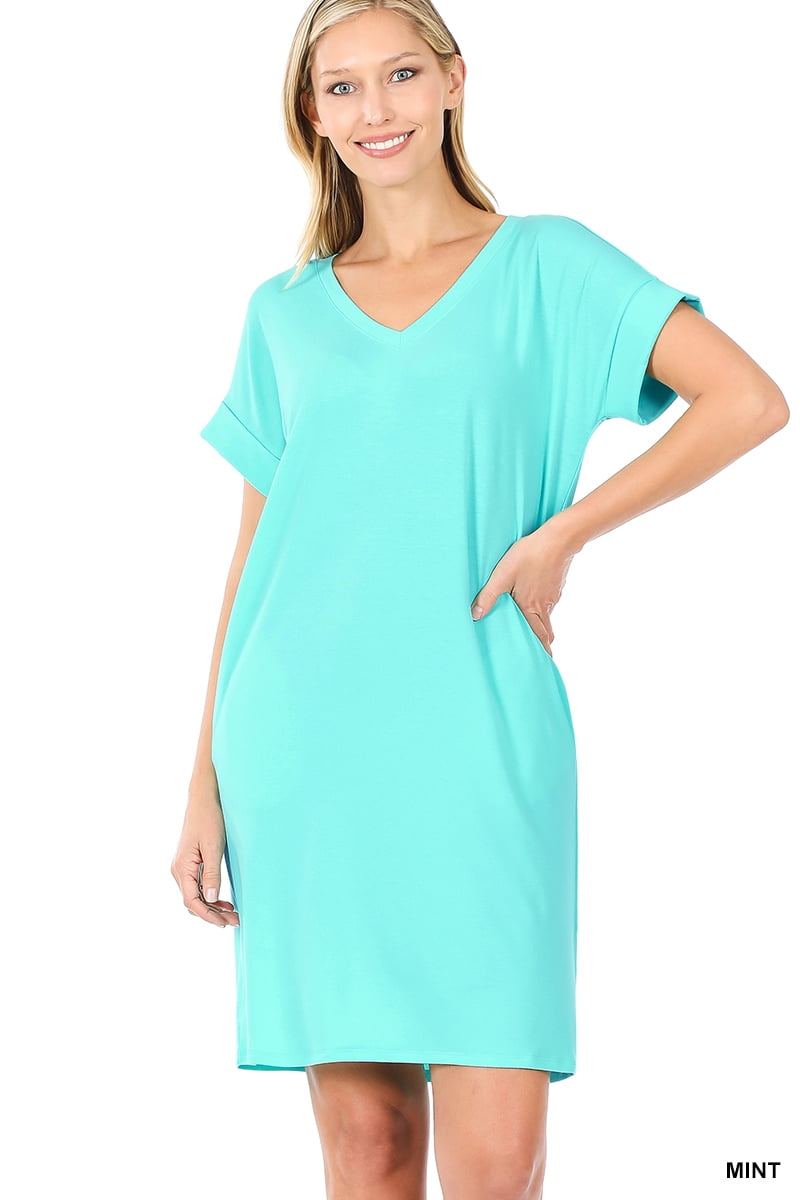 Zenana Women & Plus Rolled Short Sleeve V-Neck Midi Trapeze Tunic Dress ...