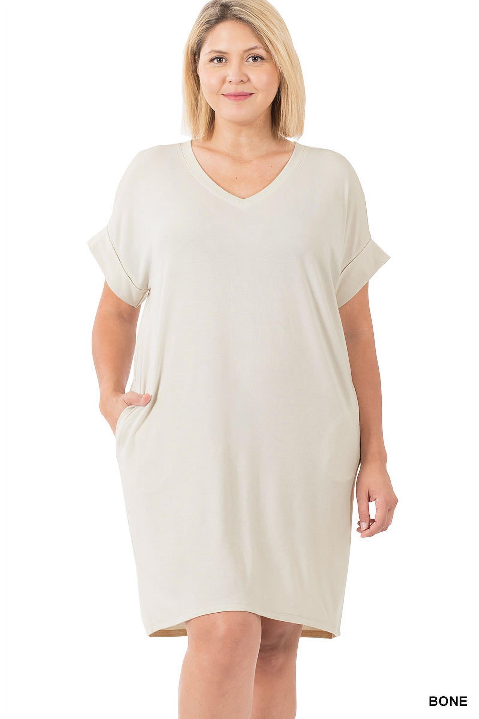 Zenana Women & Plus Rolled Short Sleeve V-Neck Midi Trapeze Tunic Dress ...