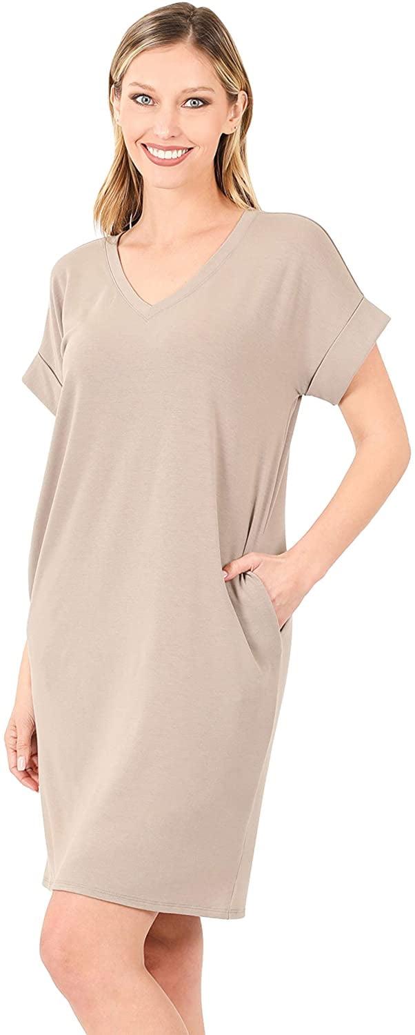 Zenana Women & Plus Rolled Short Sleeve V-Neck Midi Trapeze Tunic Dress ...