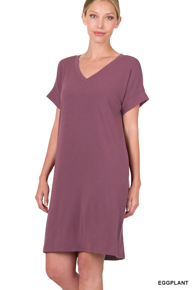 Zenana Women & Plus Rolled Short Sleeve V-Neck Midi Trapeze Tunic Dress ...