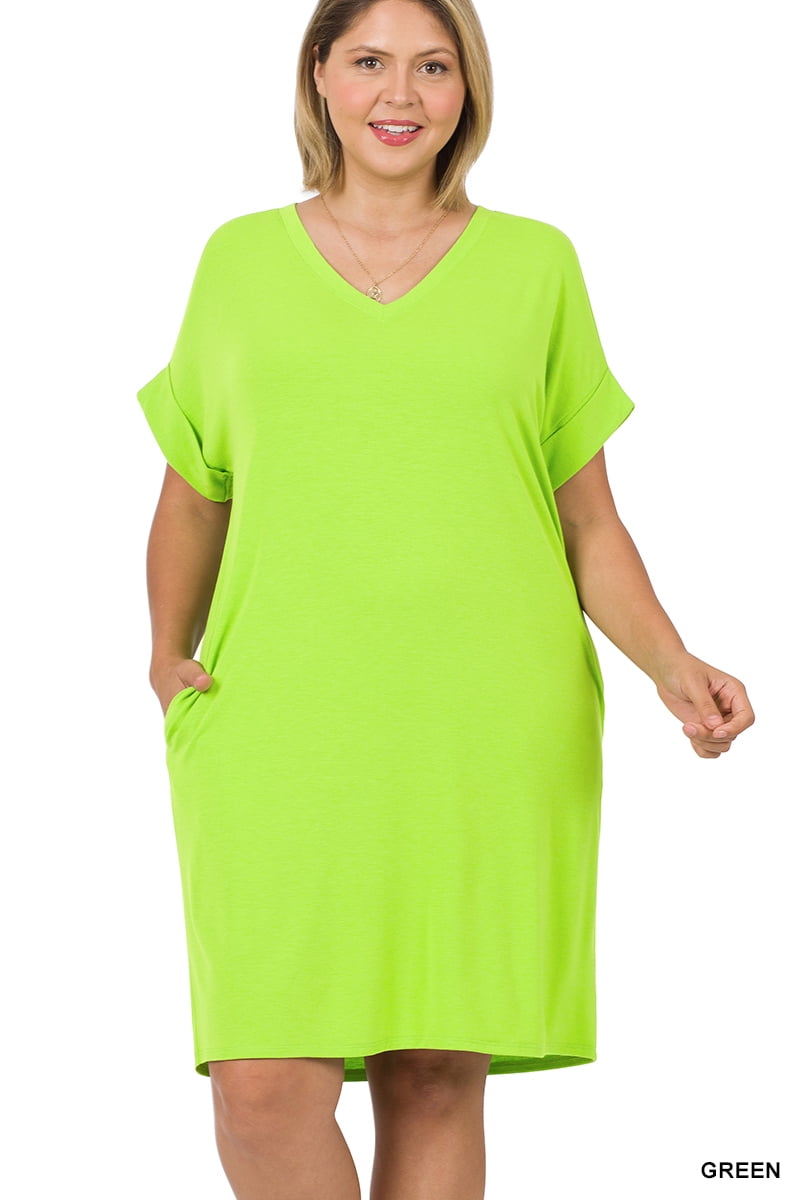 Zenana Women & Plus Rolled Short Sleeve V-Neck Midi Trapeze Tunic Dress ...