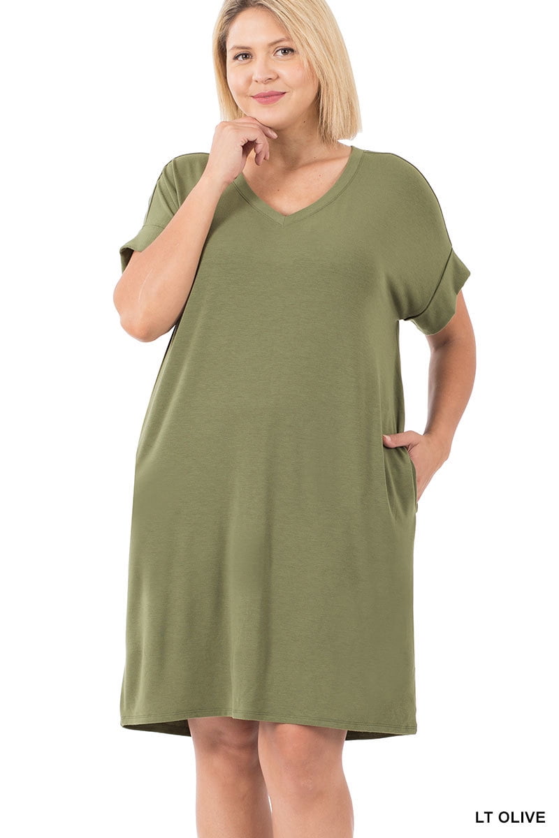 Zenana Women & Plus Rolled Short Sleeve V-Neck Midi Trapeze Tunic Dress ...