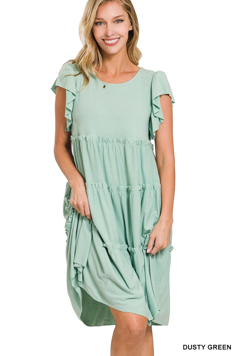 Zenana Women's Sleeveless Jersey Ruffle Tiered Knee Length Swing Midi ...