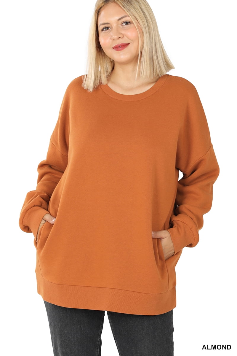 Zenana Women & Plus (S-3XL) Basic Relaxed Long Sleeve Round Neck Sweatshirts w/Side Pockets ...