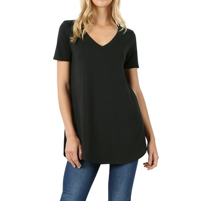 Zenana Women And Plus Short Sleeve V Neck Relaxed Fit Casual Round Hem