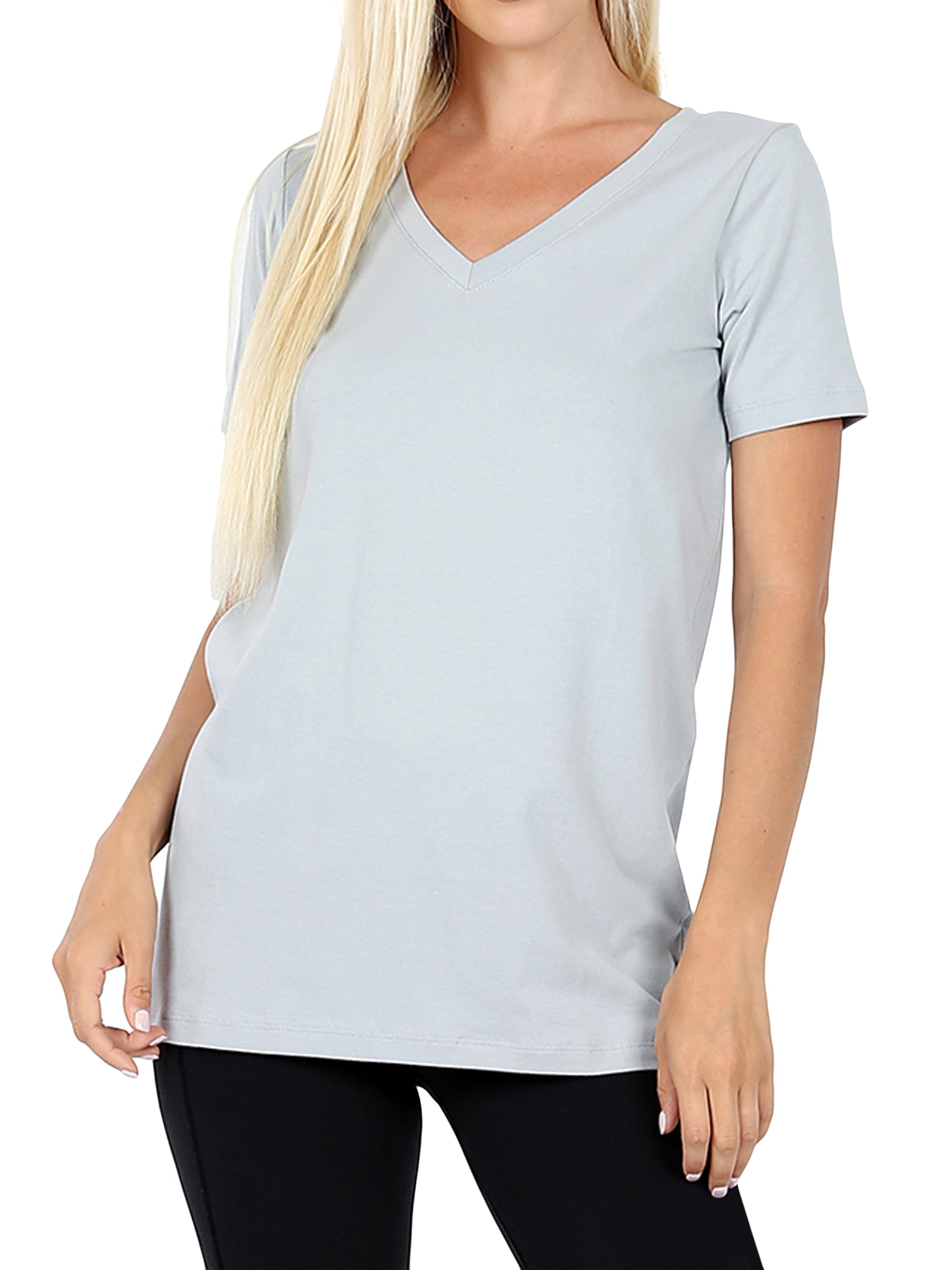 Zenana Women And Plus Size Cotton V Neck Short Sleeve Casual Basic Tee Shirts