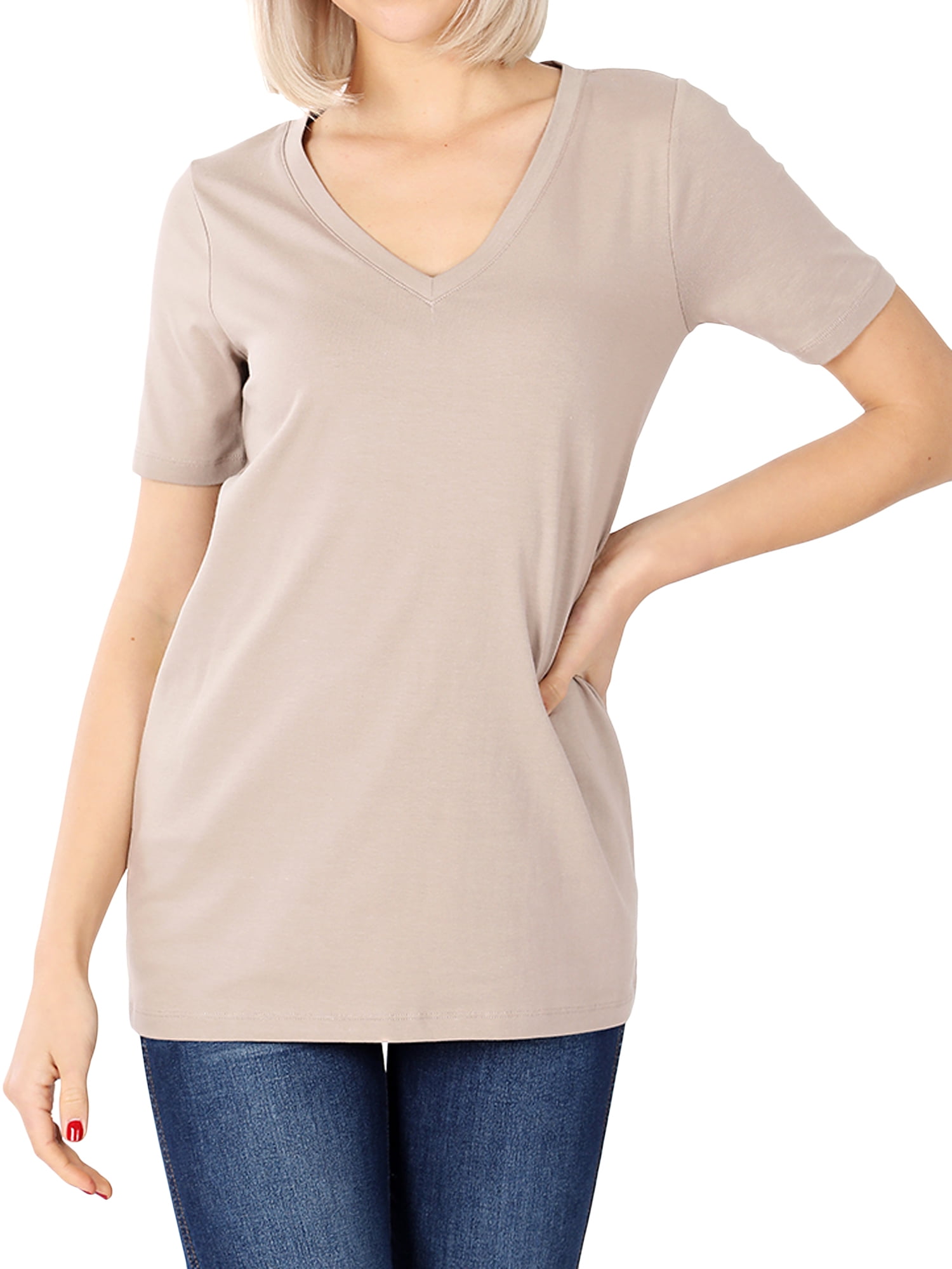 Zenana Women & Plus (S-3X) Cotton V-Neck Short Sleeve Casual Basic Tee ...