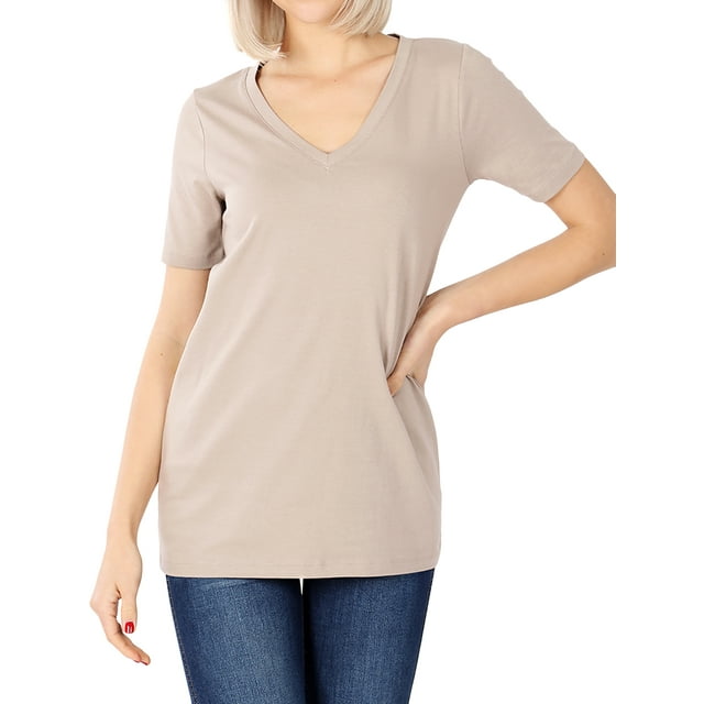 Zenana Women & Plus (S-3X) Cotton V-Neck Short Sleeve Casual Basic Tee Shirts - Walmart.com