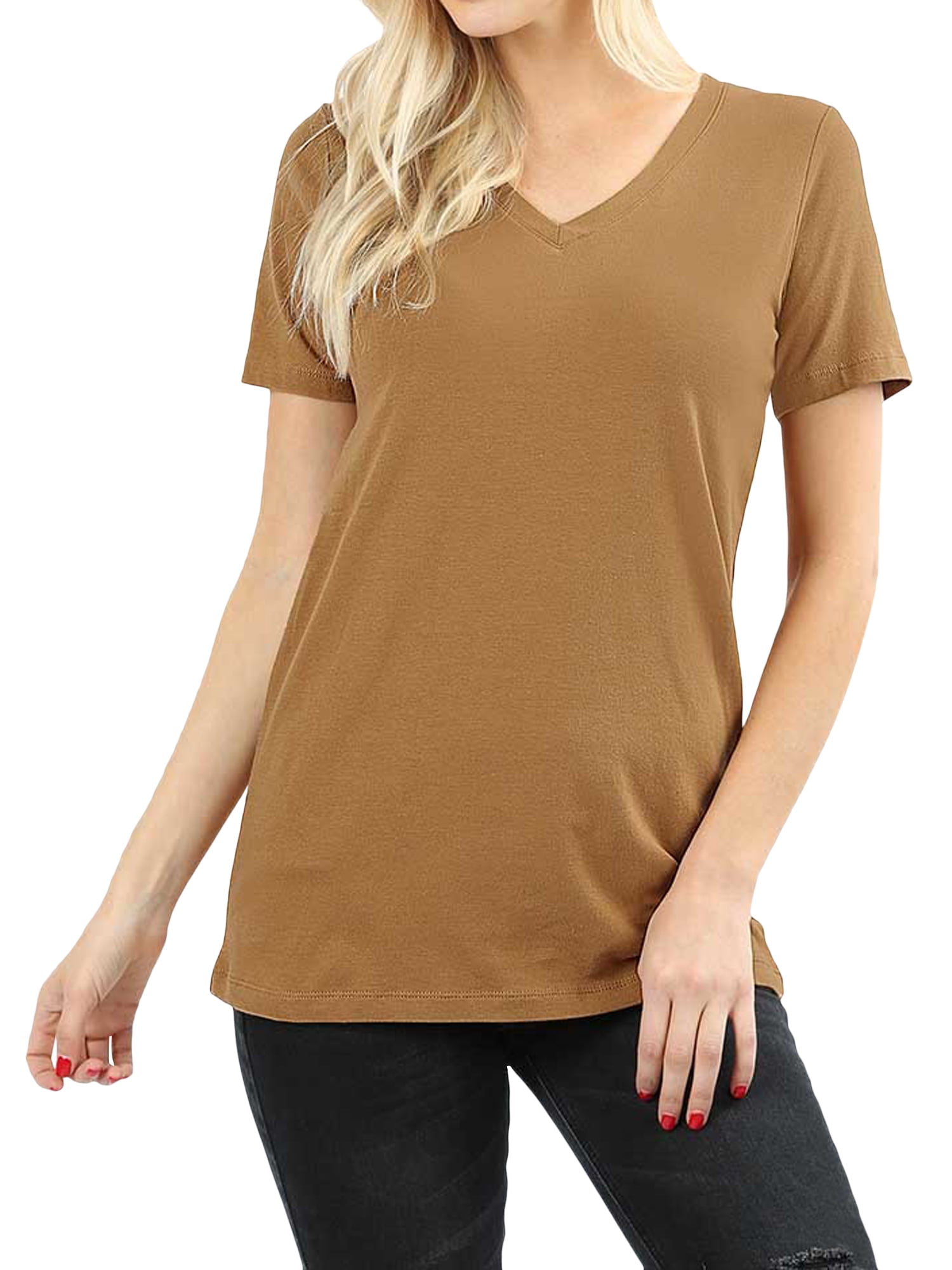 Zenana Women & Plus Size Cotton V-Neck Short Sleeve Casual Basic Tee ...