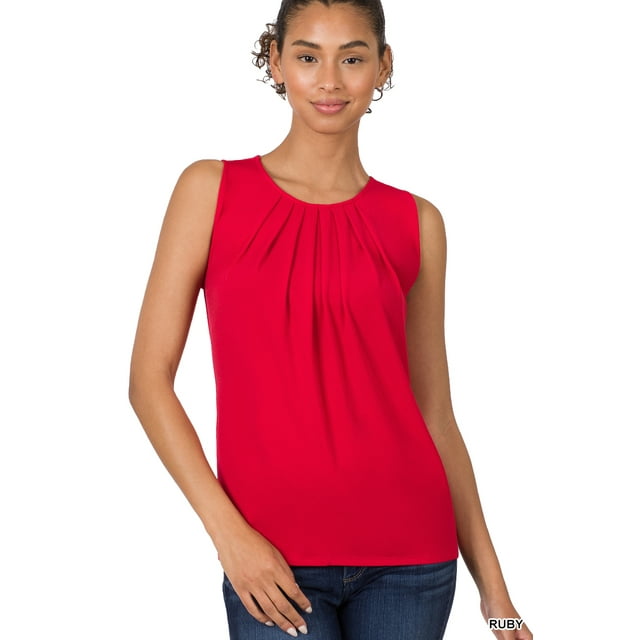 Zenana Women & Plus Slim Fit Round Neck Sleeveless Front Neck Pleated ...