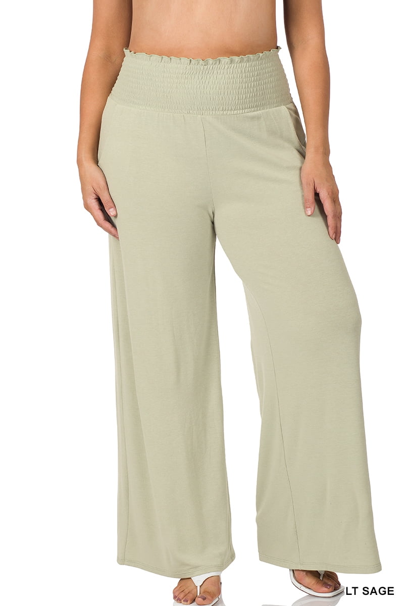 Zenana Women & Plus Smocked Wide Waistband Flared Bottom Casual Lounge ...