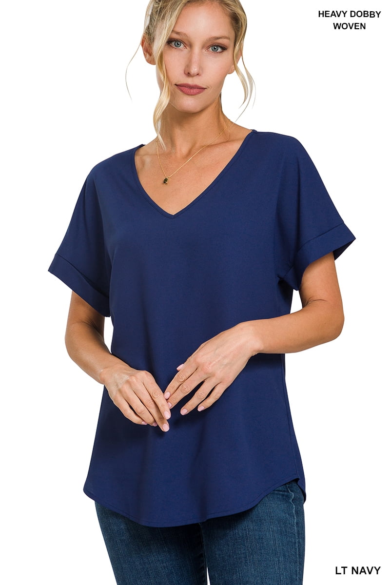 Zenana Plus Size V-Neck Heavy Dobby Boat Neck Rolled Short Sleeve ...