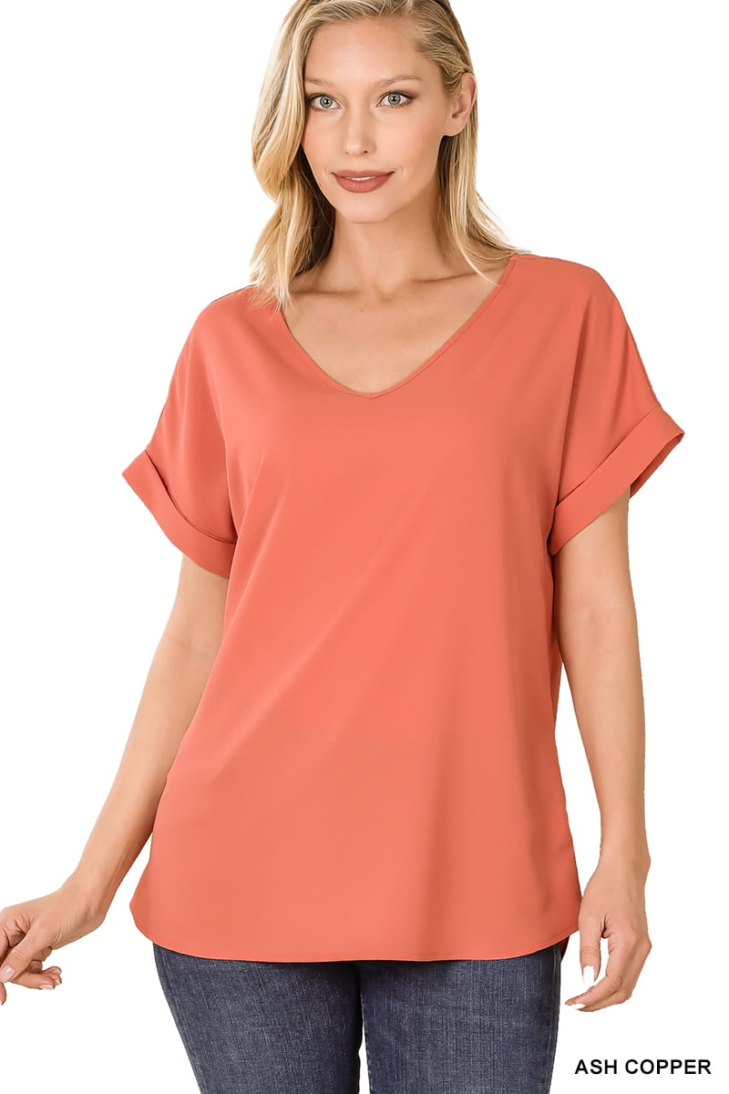 Zenana Women & Plus V-Neck Heavy Dobby Boat Neck Rolled Short Sleeve Blouse Top - Walmart.com
