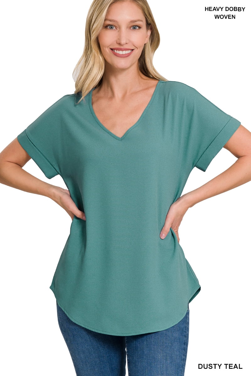Zenana Women & Plus V-Neck Heavy Dobby Boat Neck Rolled Short Sleeve Blouse Top - Walmart.com