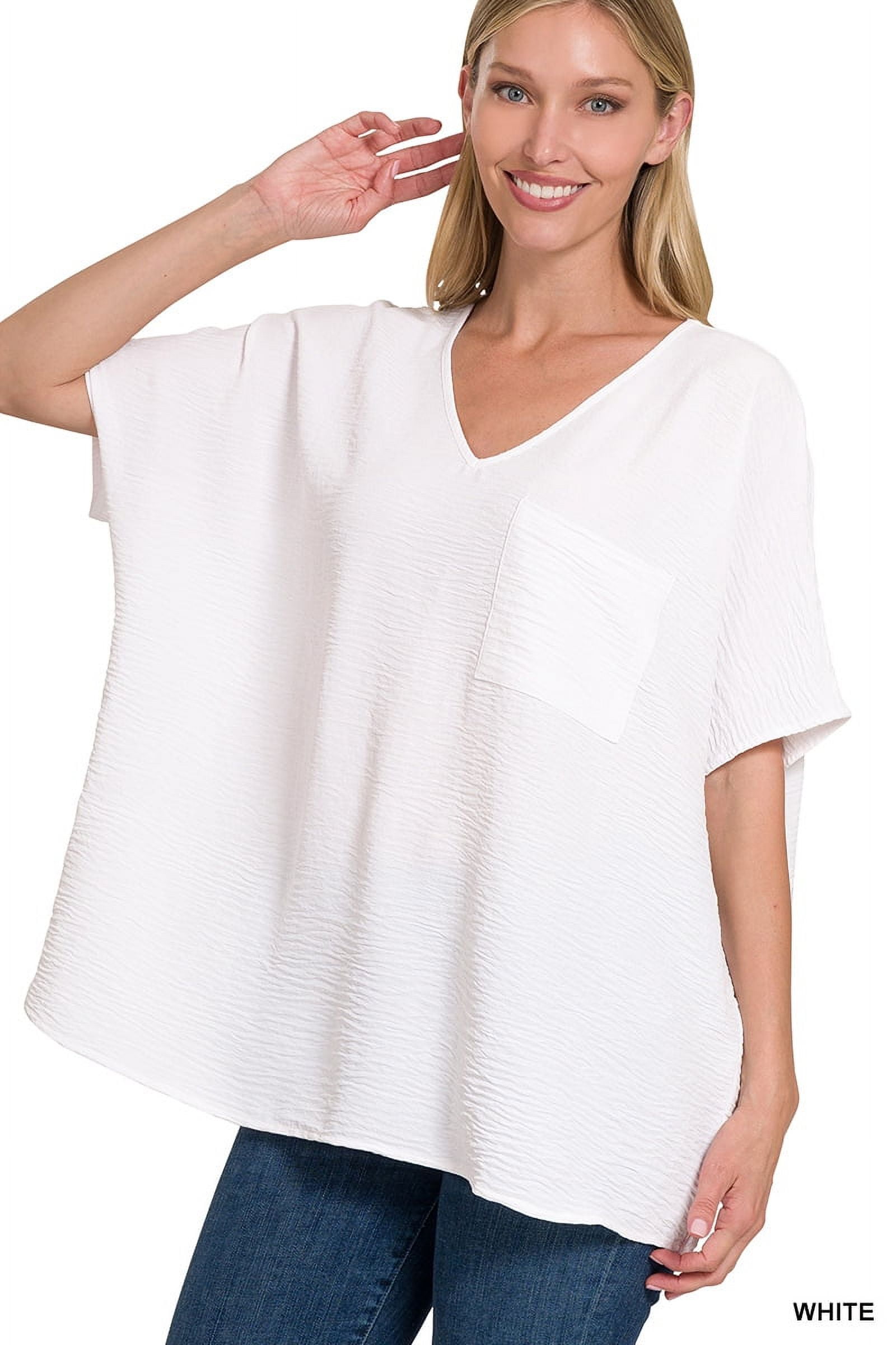 Zenana Women & Plus V Neck Woven Airflow Dolman Short Sleeve Blouse Top ...