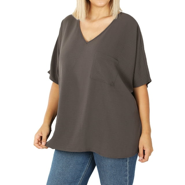Zenana Women And Plus V Neck Woven Airflow Dolman Short Sleeve Blouse Top