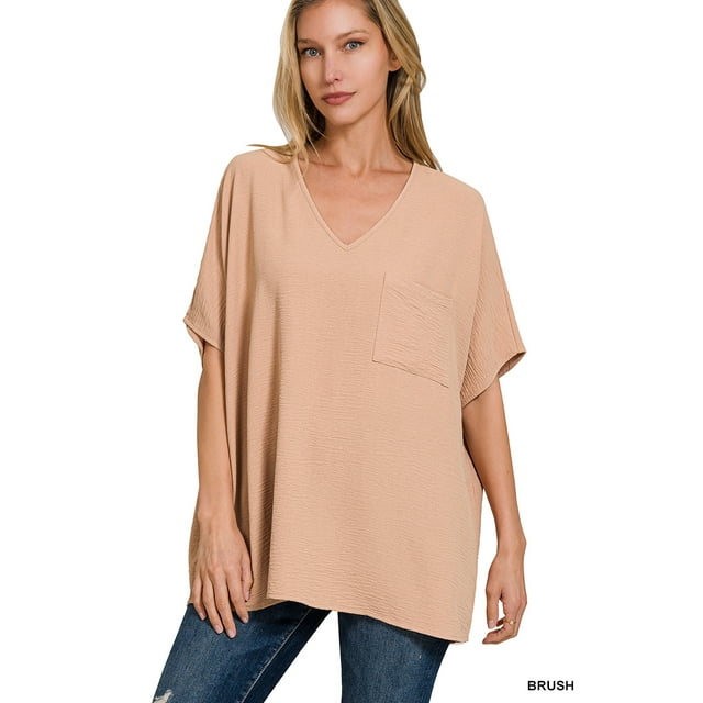 Zenana Women And Plus V Neck Woven Airflow Dolman Short Sleeve Blouse Top