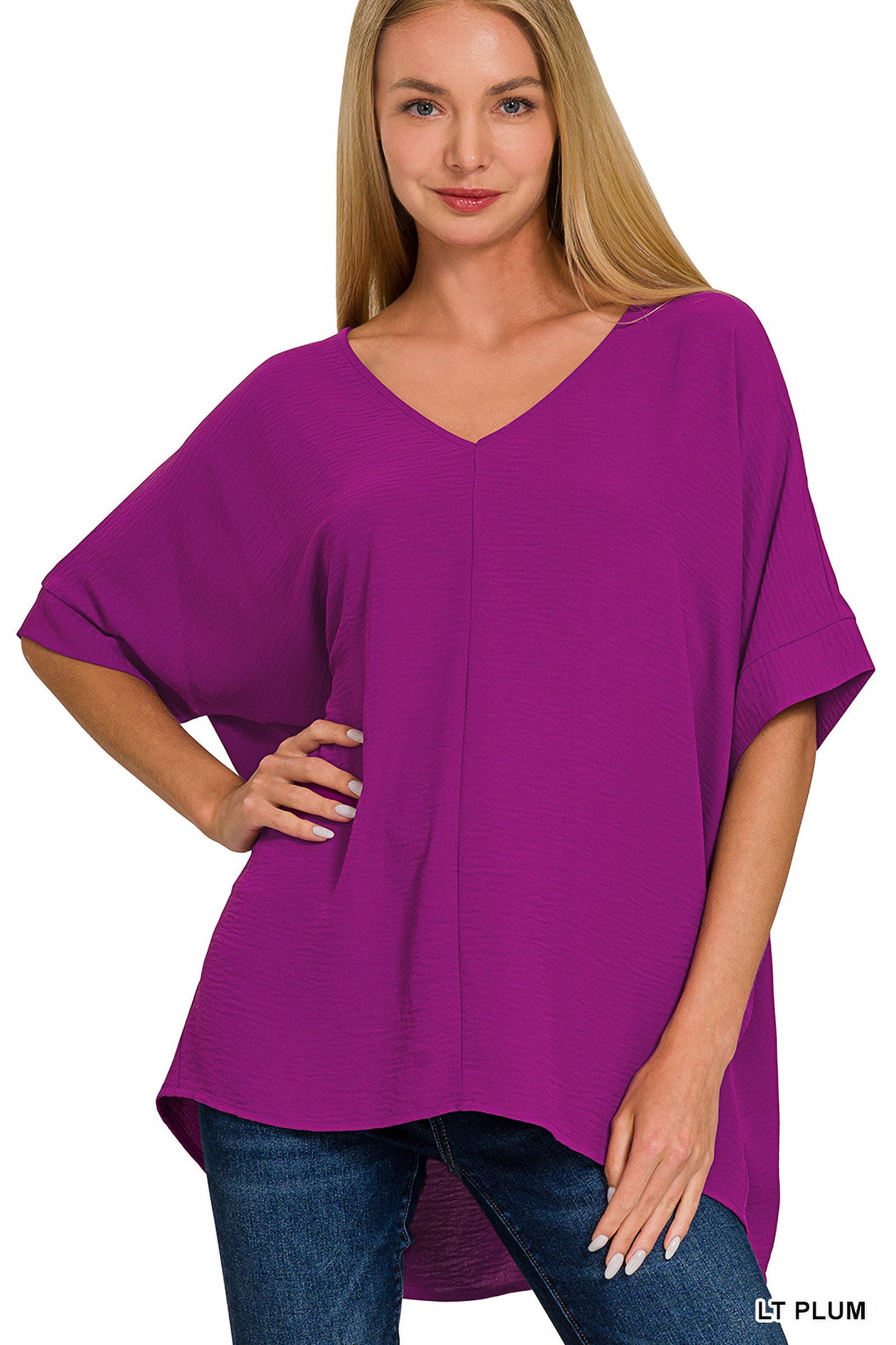 Zenana Plus Size V Neck Woven Airflow Dolman Short Sleeve Hi-Low Blouse ...