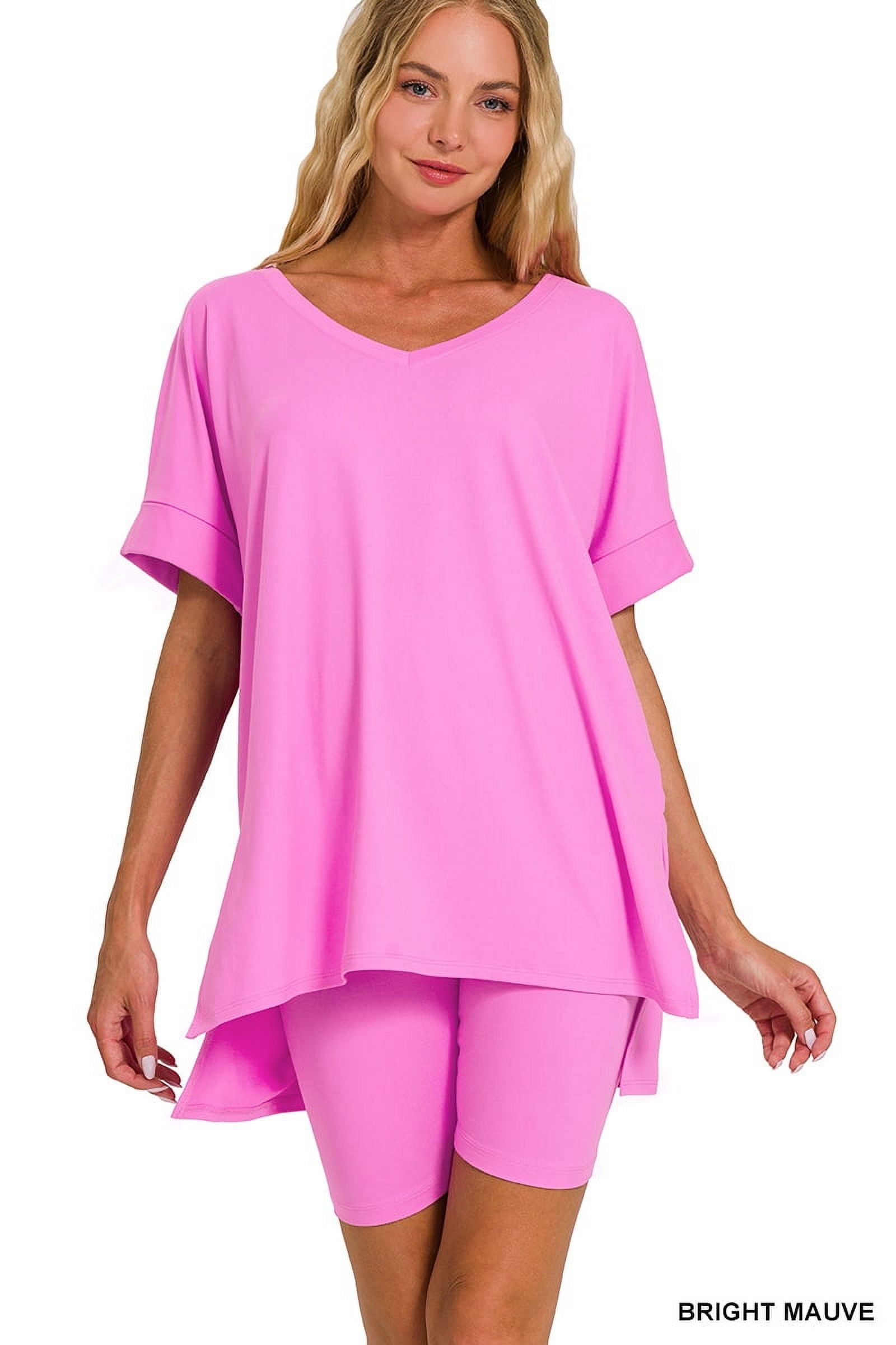 Zenana Women's Brushed DTY Microfier V-Neck Short Sleeve Hi-Low Hem ...