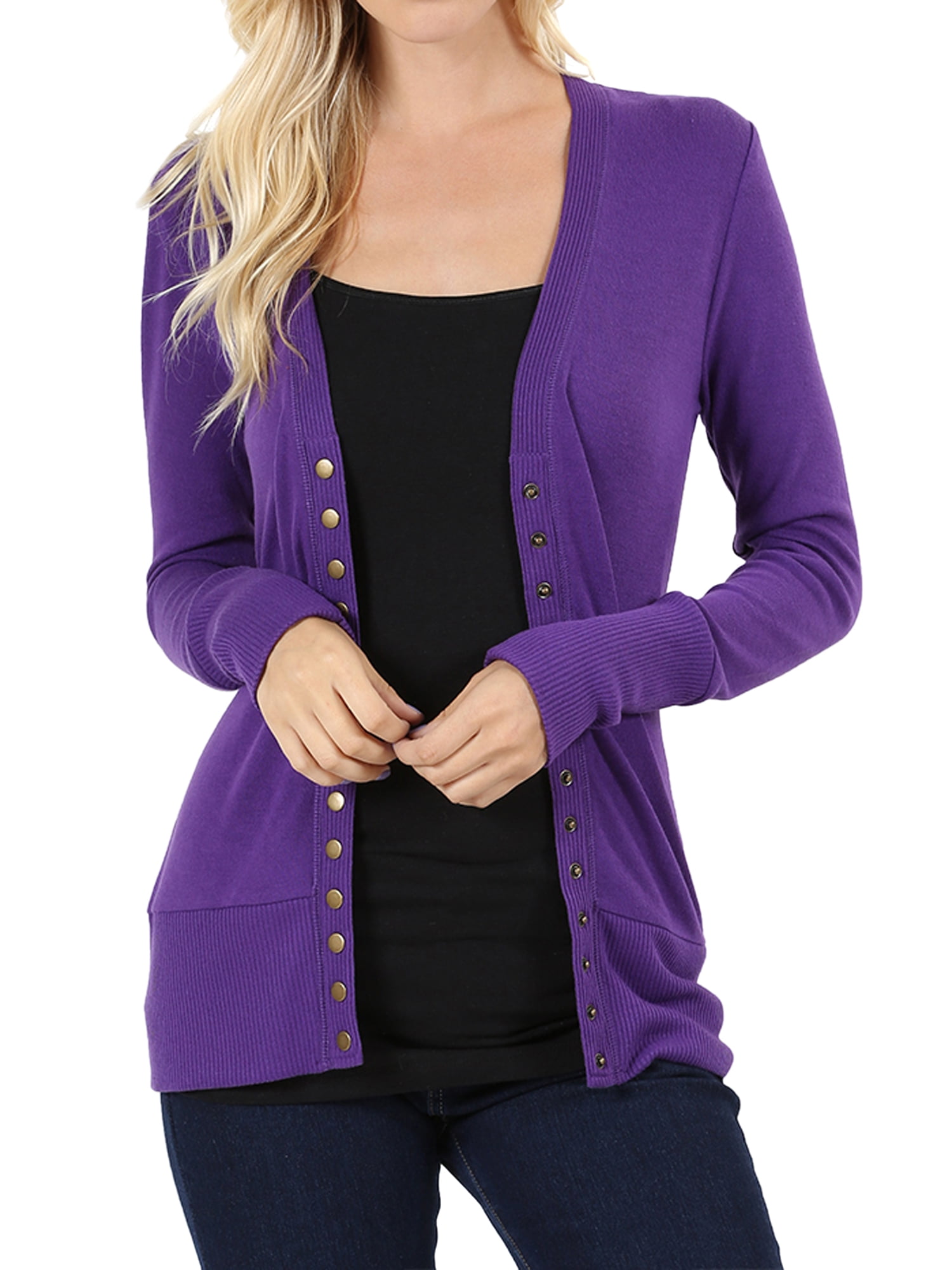 Zenana Women's Classic Front V-Neck Thin Snap Button Down Long Sleeve ...