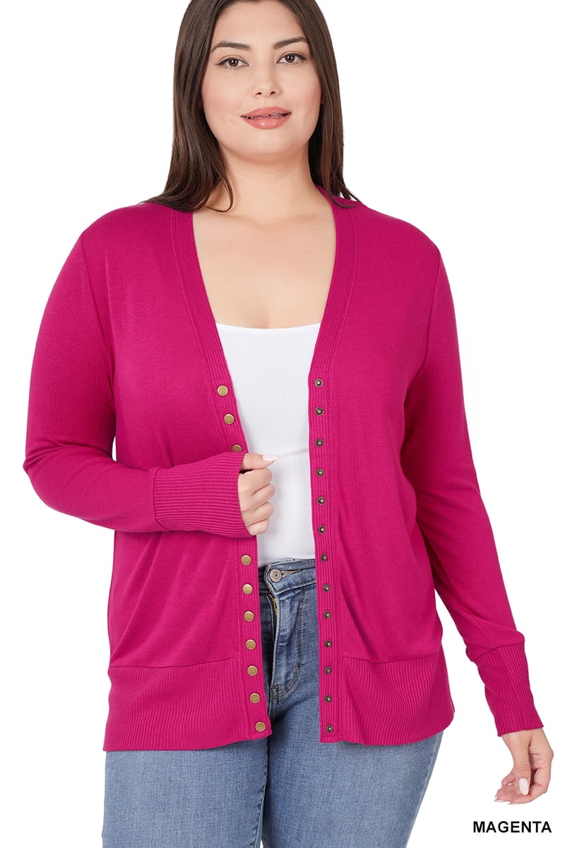 Zenana Women's Classic Front V-Neck Thin Snap Button Down Long Sleeve ...
