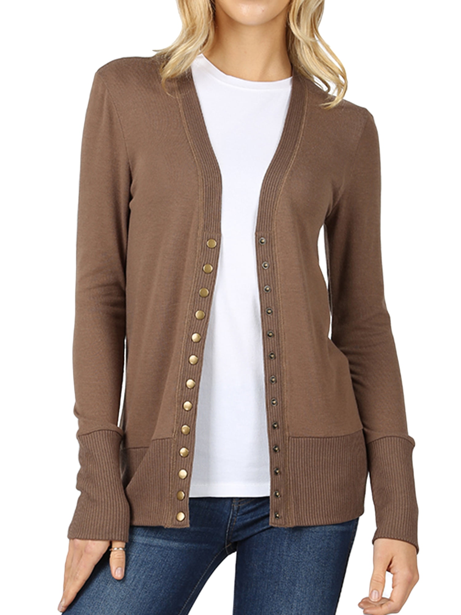 Zenana Women's Classic Front V-Neck Thin Snap Button Down Long Sleeve ...