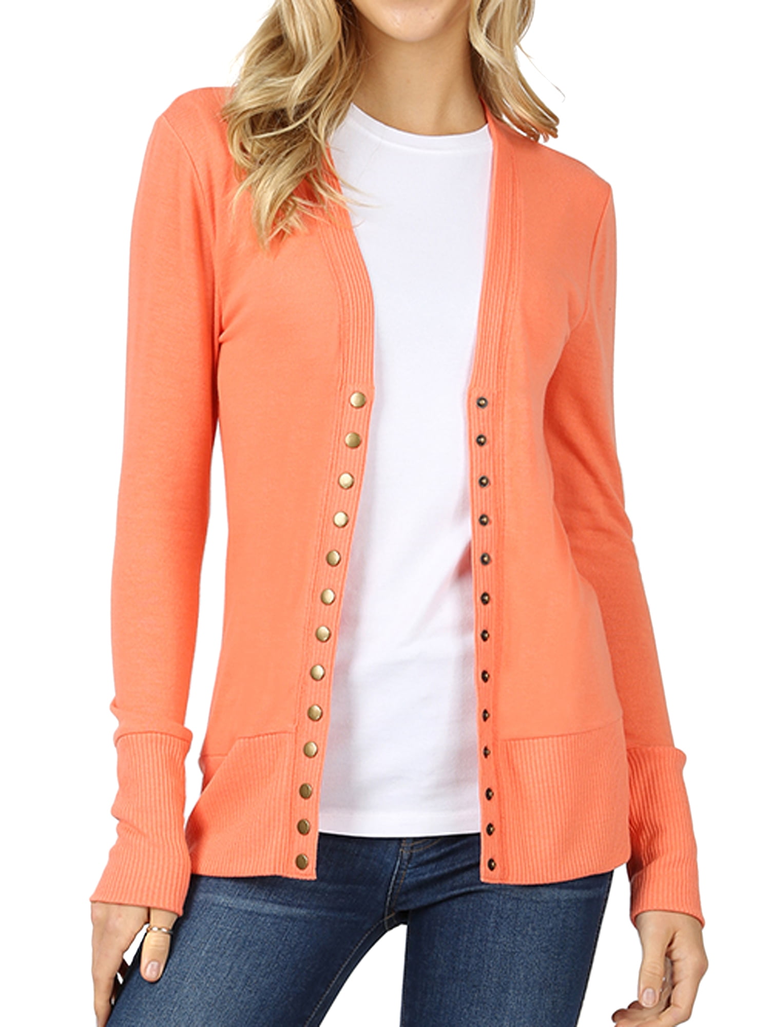 Zenana Women's Classic Front V-Neck Thin Snap Button Down Long Sleeve ...