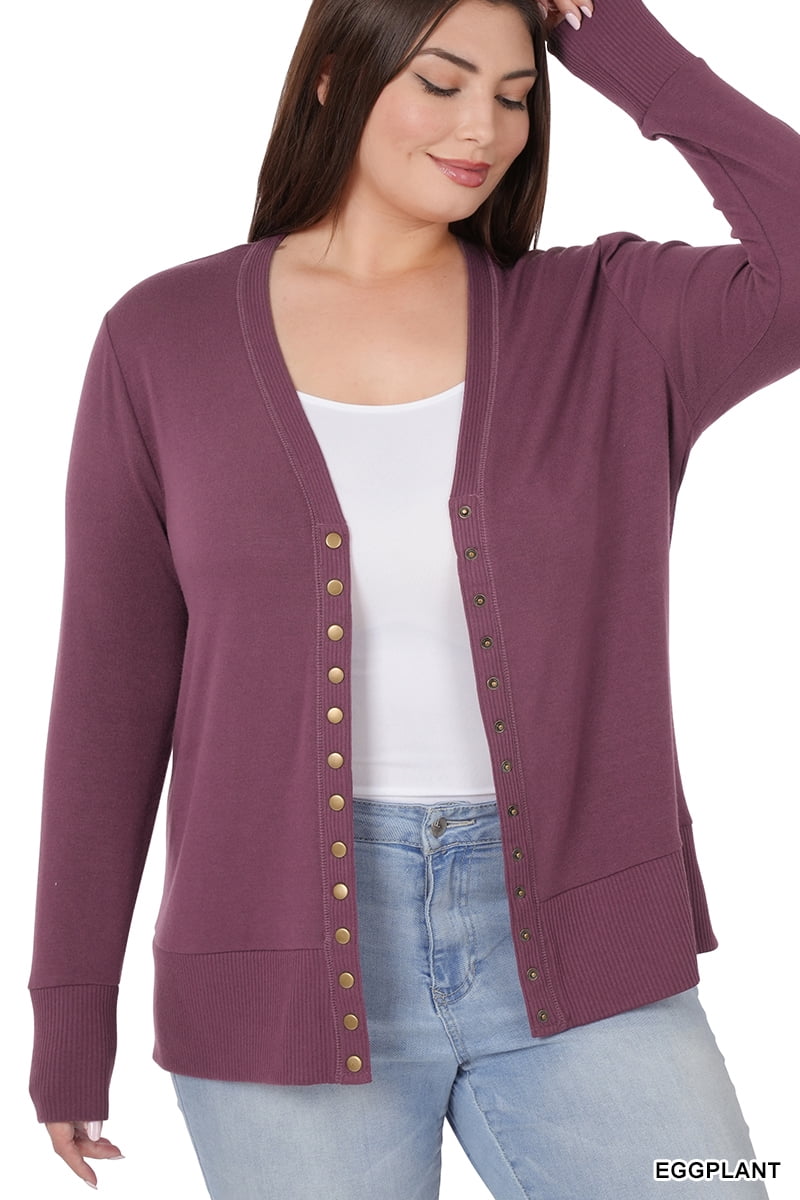 Zenana Women's Classic Front V-Neck Thin Snap Button Down Long Sleeve ...