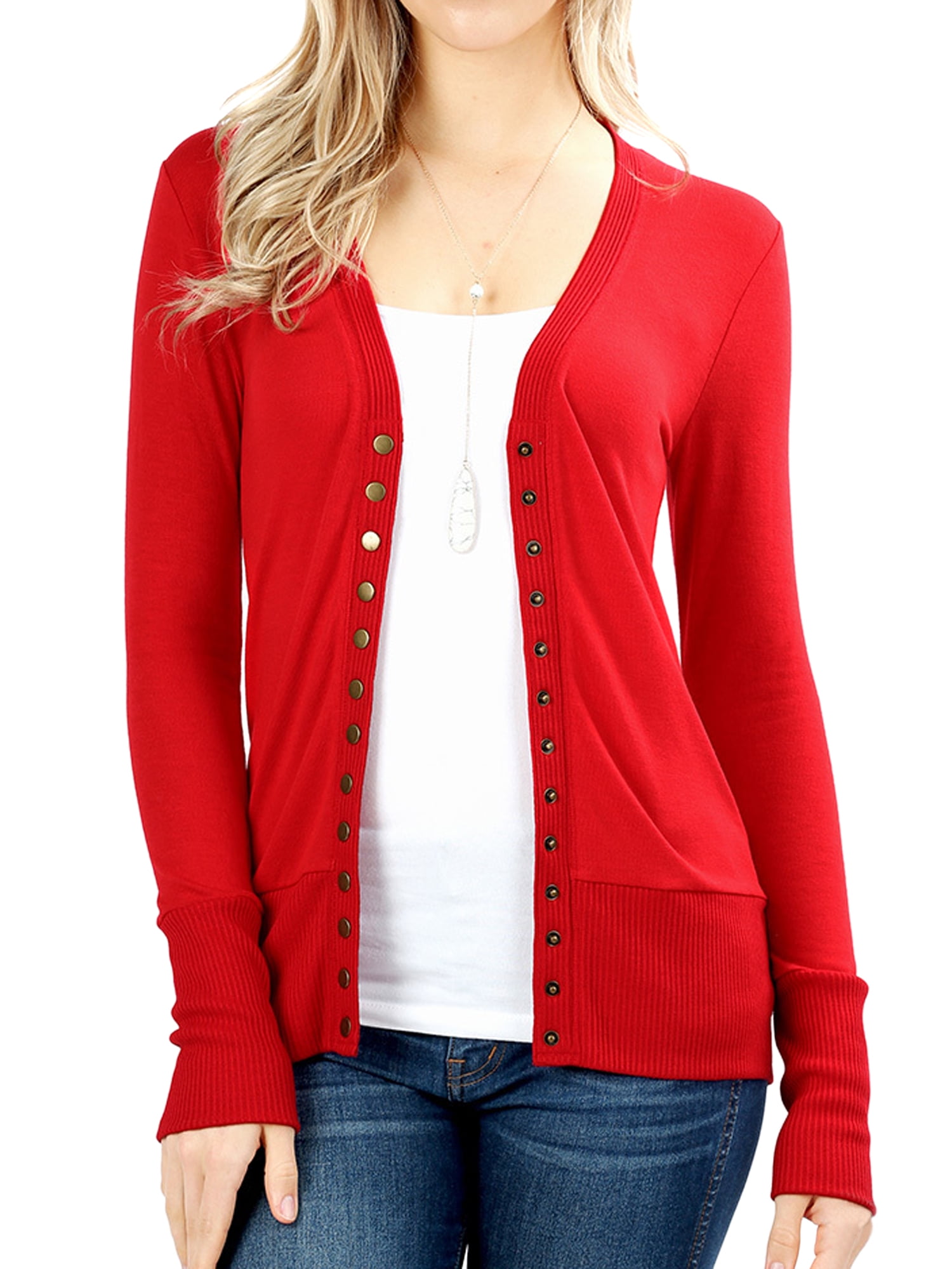 Zenana Women's Classic Front V-Neck Thin Snap Button Down Long Sleeve ...
