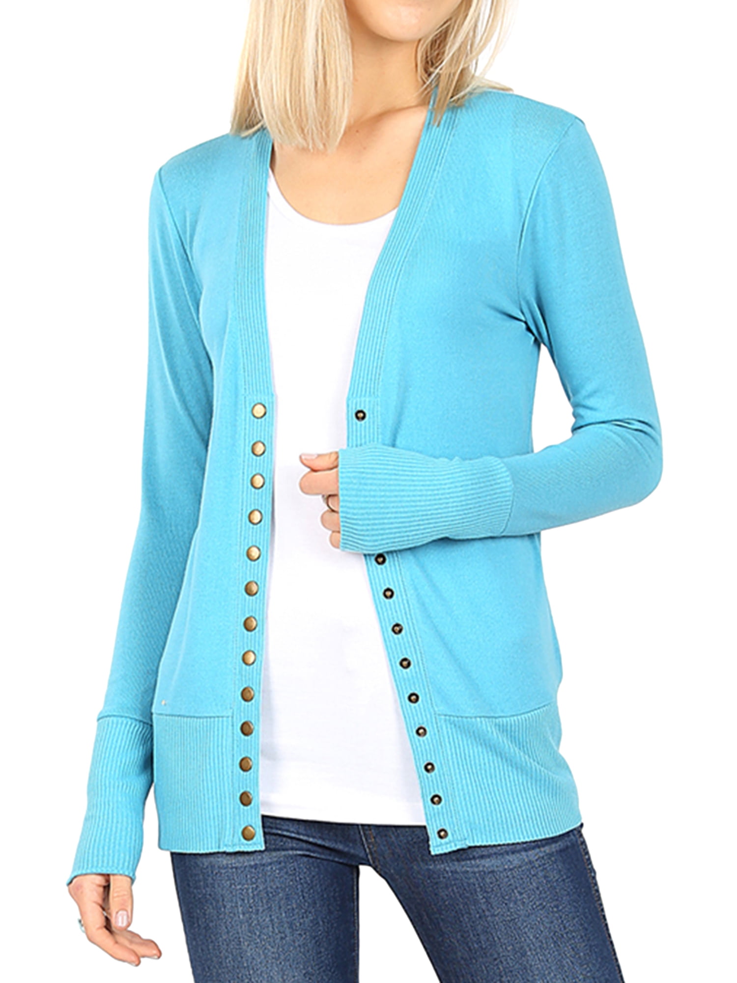 Zenana Women's Classic Front V-Neck Thin Snap Button Down Long Sleeve ...