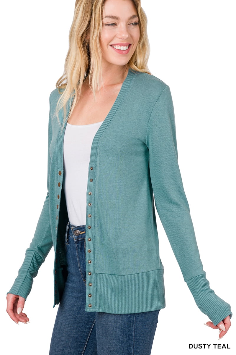 Zenana Women's Classic Front V-Neck Thin Snap Button Down Long Sleeve ...