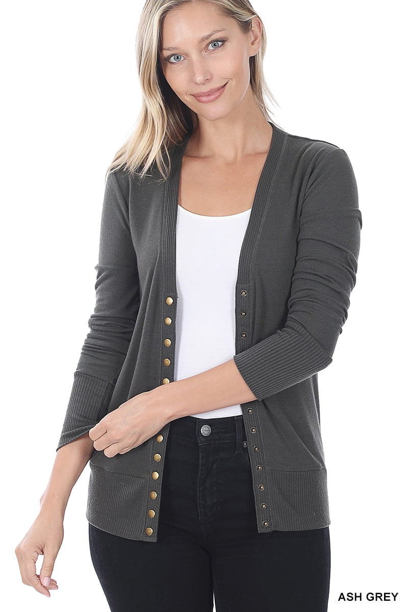 Zenana Women's Classic Front V-Neck Thin Snap Button Down Long Sleeve ...