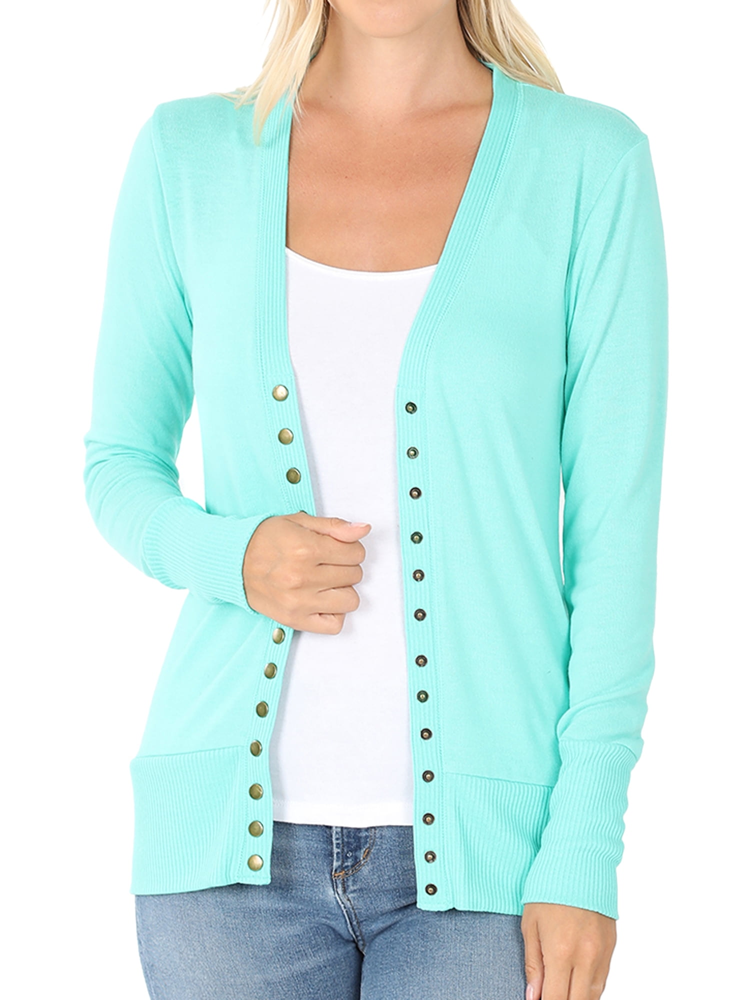 Zenana Women's Classic Front V-Neck Thin Snap Button Down Long Sleeve ...