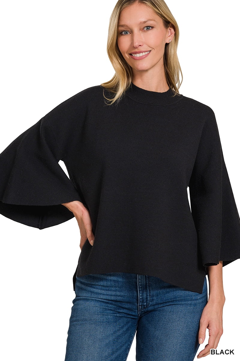 Zenana Women's Elegant Relaxed Fit Bell Sleeve Cropped Irregular Hem ...