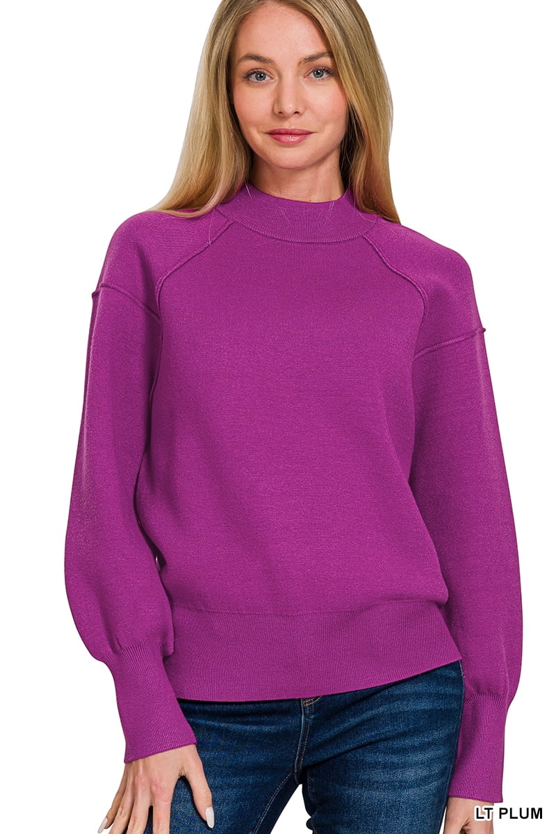 Zenana Women's Elegant Relaxed Fit Long Sleeve Exposed Seam Low Mock ...