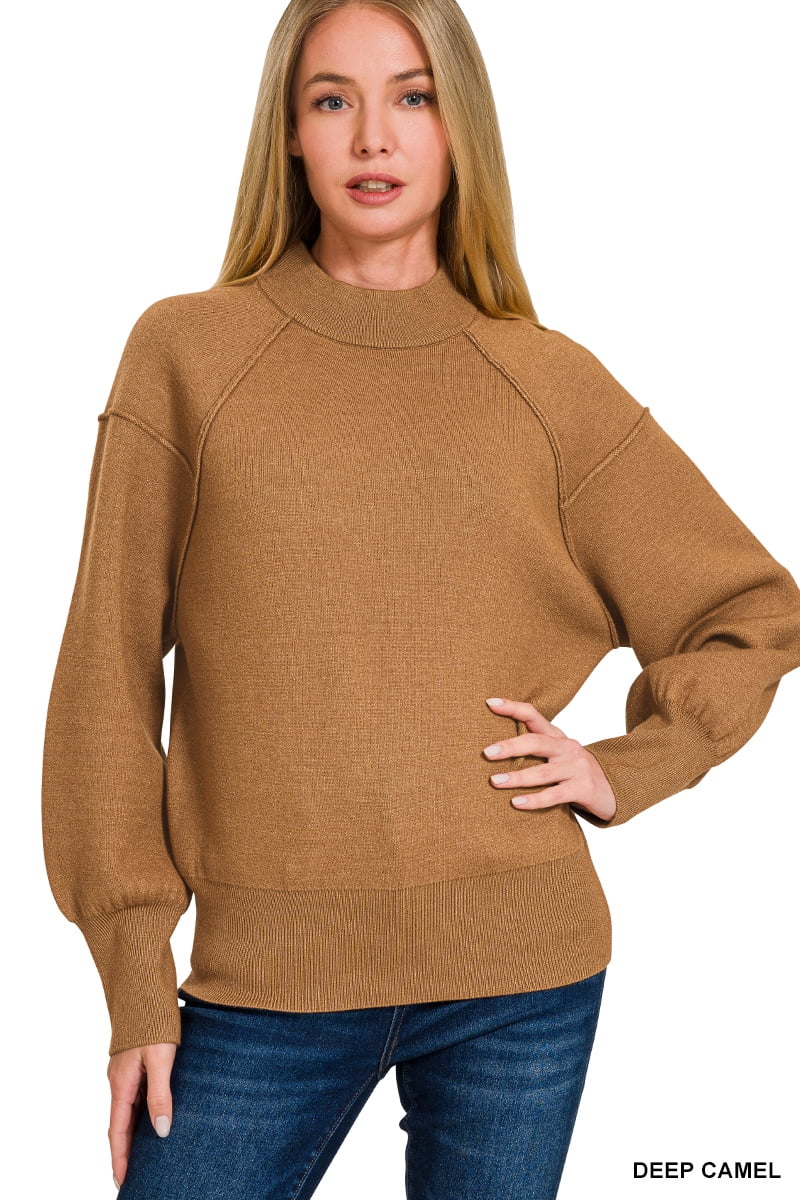 Zenana Women's Elegant Relaxed Fit Long Sleeve Exposed Seam Low Mock ...