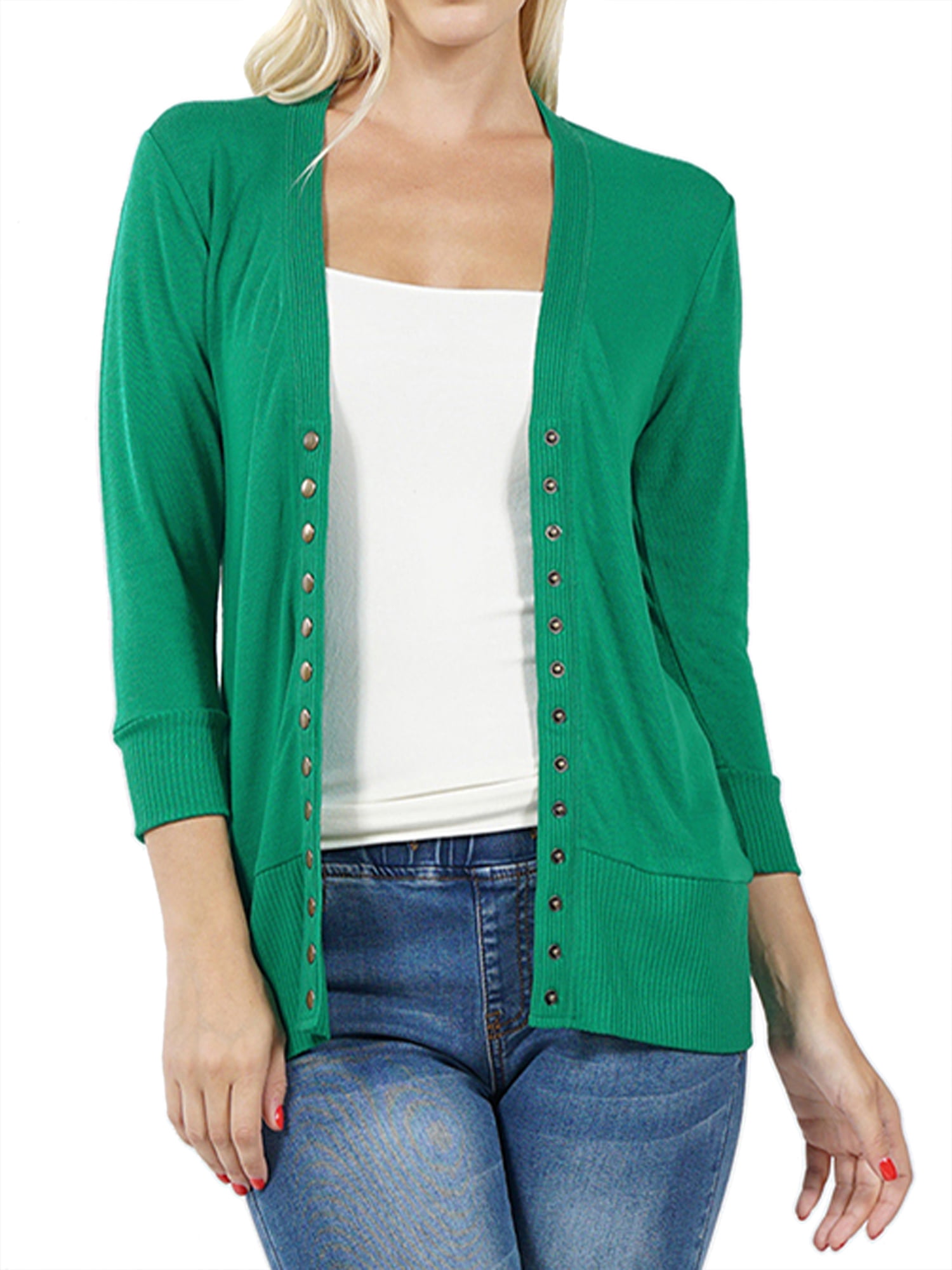 Zenana Women's Front V-Neck Classic Thin Snap Button Down 3/4 Sleeve ...