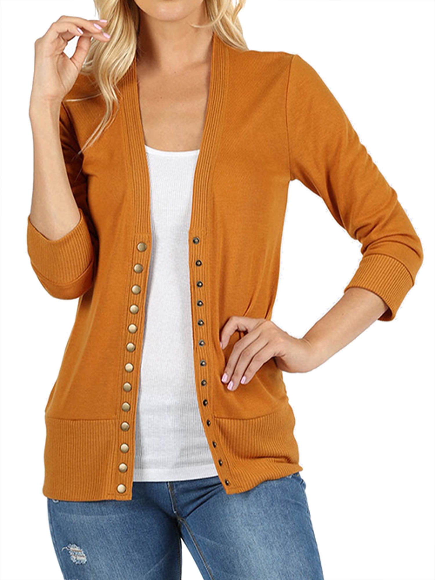 Zenana Women's Front V-Neck Classic Thin Snap Button Down 3/4 Sleeve ...