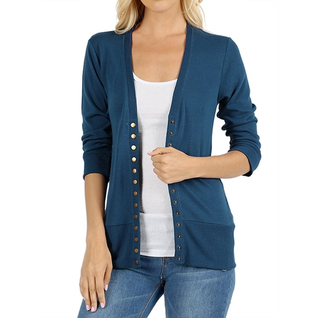 Zenana Women's Front V-Neck Classic Thin Snap Button Down 3/4 Sleeve ...