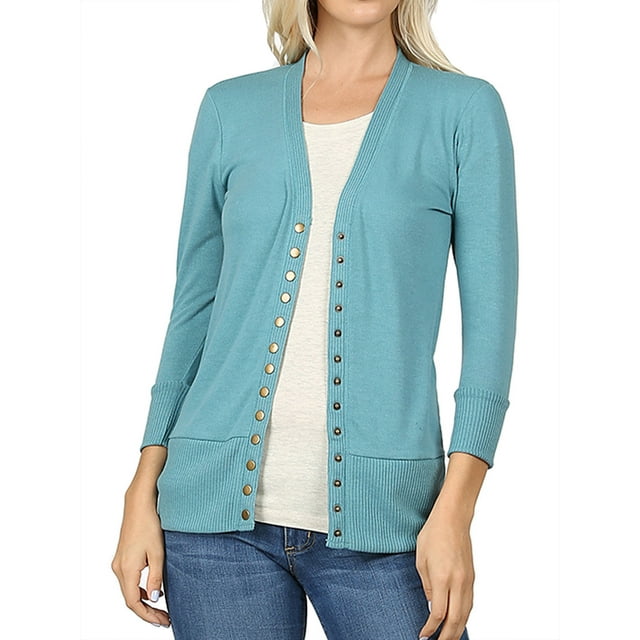 Zenana Women's Front V-Neck Classic Thin Snap Button Down 3/4 Sleeve Ribbed Knit Cardigan ...