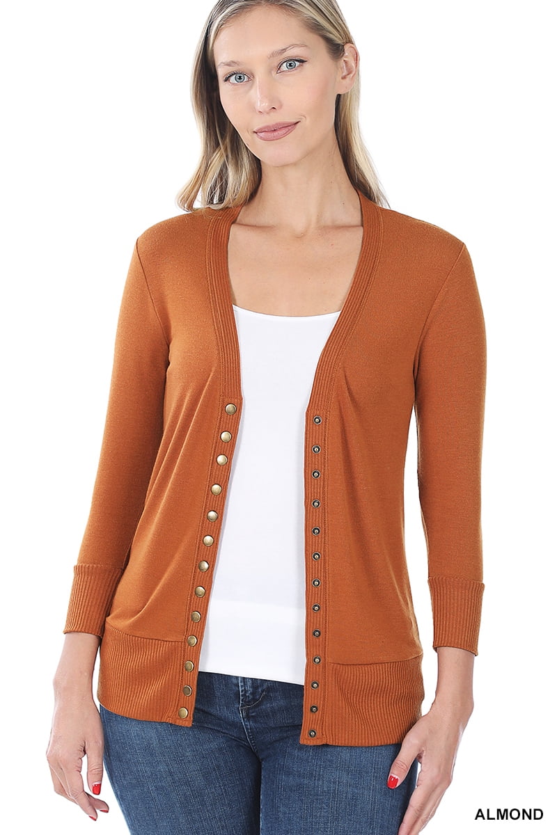 Zenana Women's Front V-Neck Classic Thin Snap Button Down 3/4 Sleeve ...