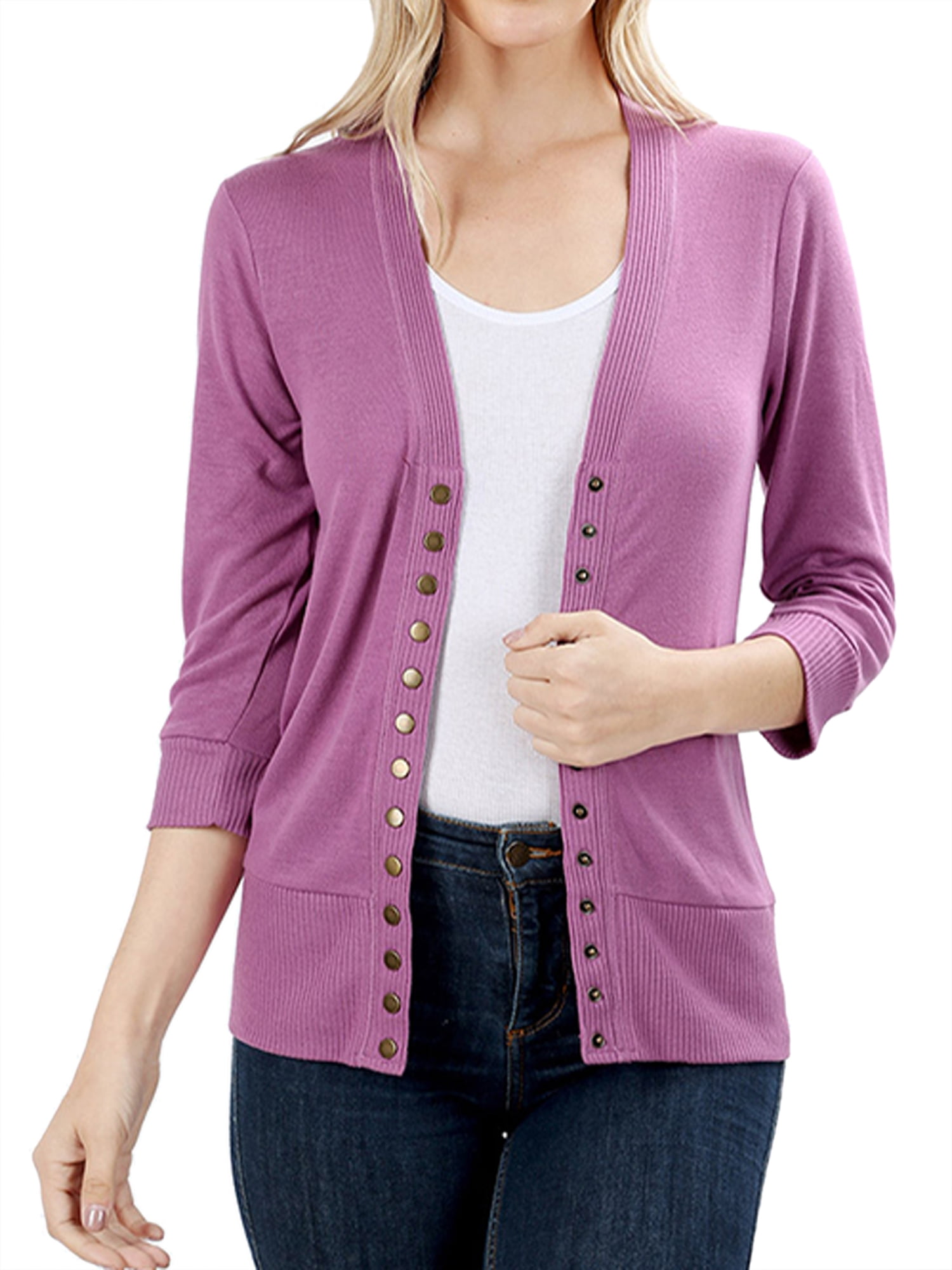 Zenana Women's Front V-Neck Classic Thin Snap Button Down 3/4 Sleeve ...