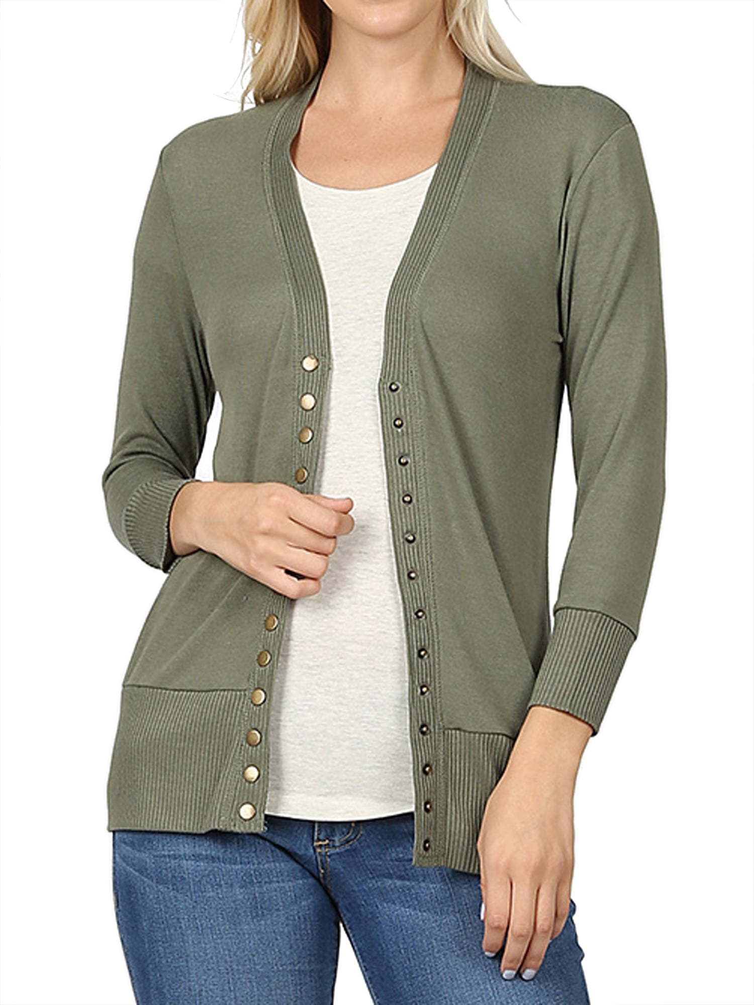 Zenana Women's Front V-Neck Classic Thin Snap Button Down 3/4 Sleeve ...