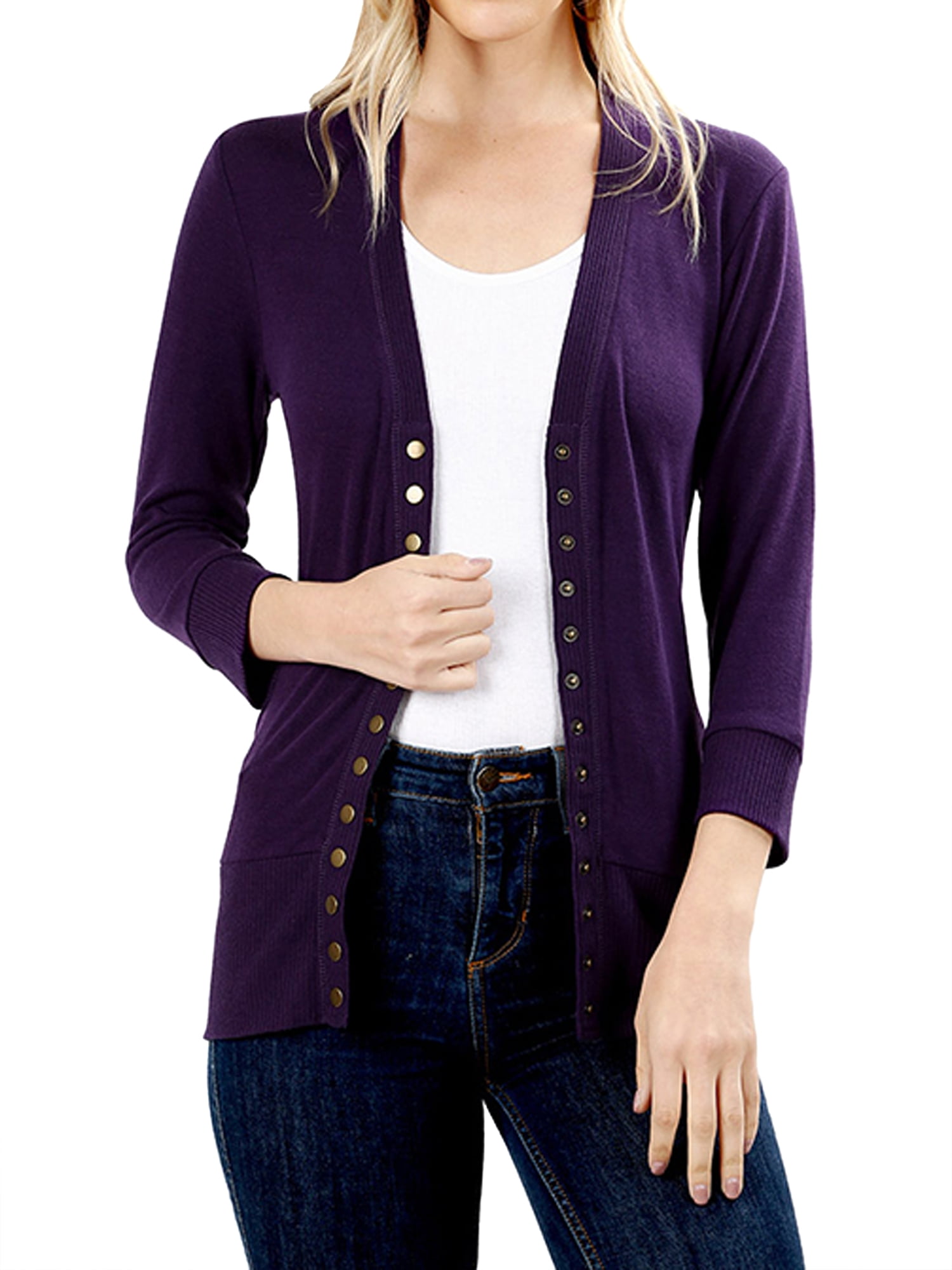 Zenana Women's Front V-Neck Classic Thin Snap Button Down 3/4 Sleeve Ribbed Knit Cardigan ...