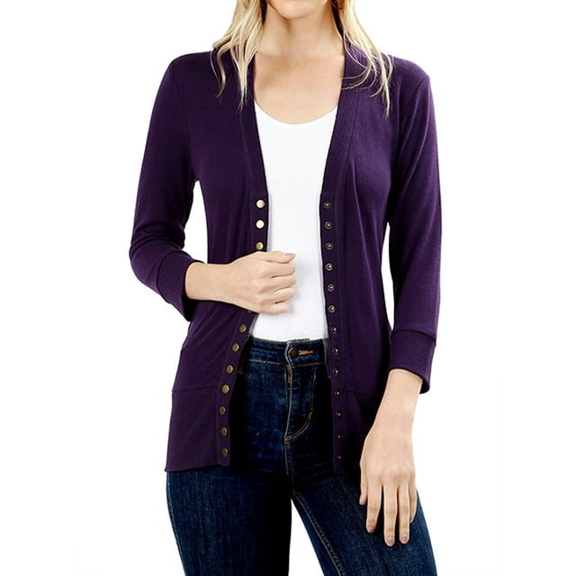 Zenana Women's Front V-Neck Classic Thin Snap Button Down 3/4 Sleeve ...