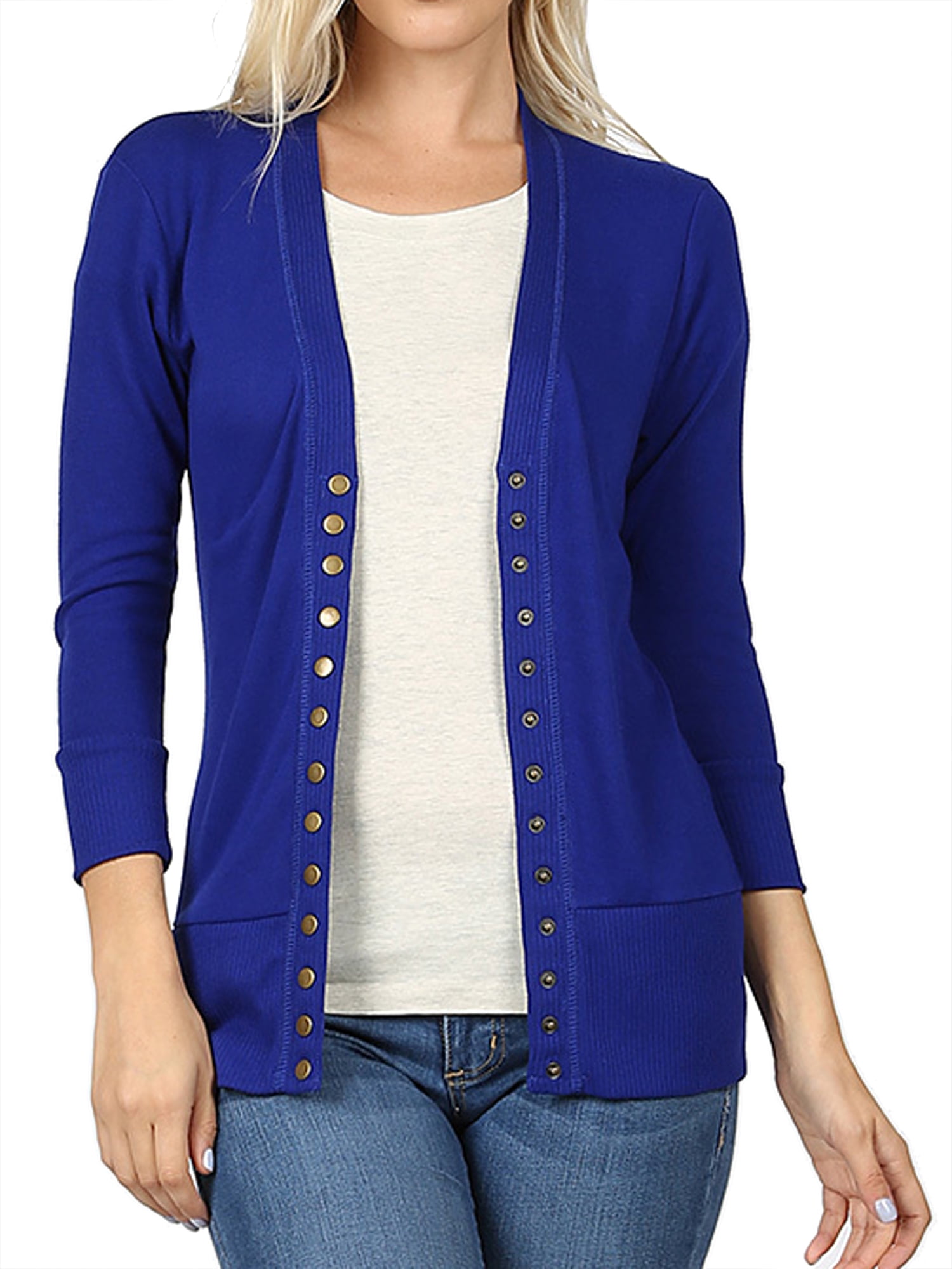 Zenana Women's Front V-Neck Classic Thin Snap Button Down 3/4 Sleeve ...