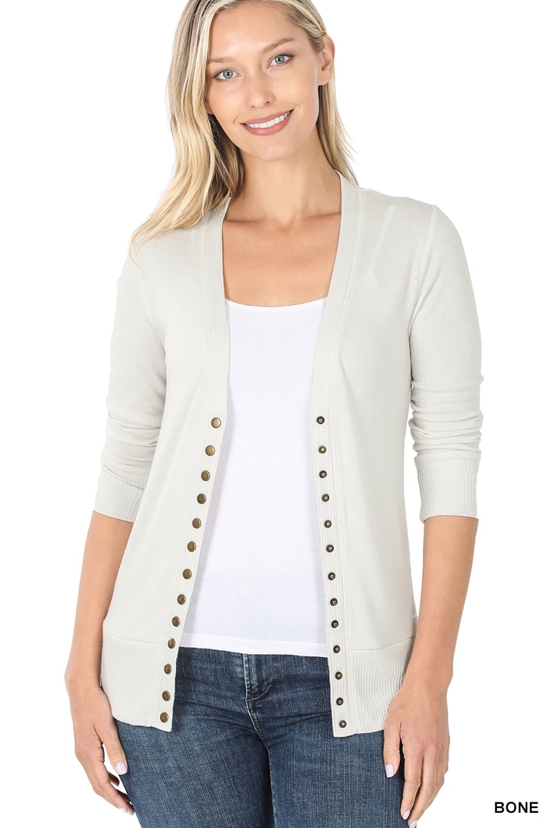 Zenana Women's Front V-Neck Classic Thin Snap Button Down 3/4 Sleeve ...