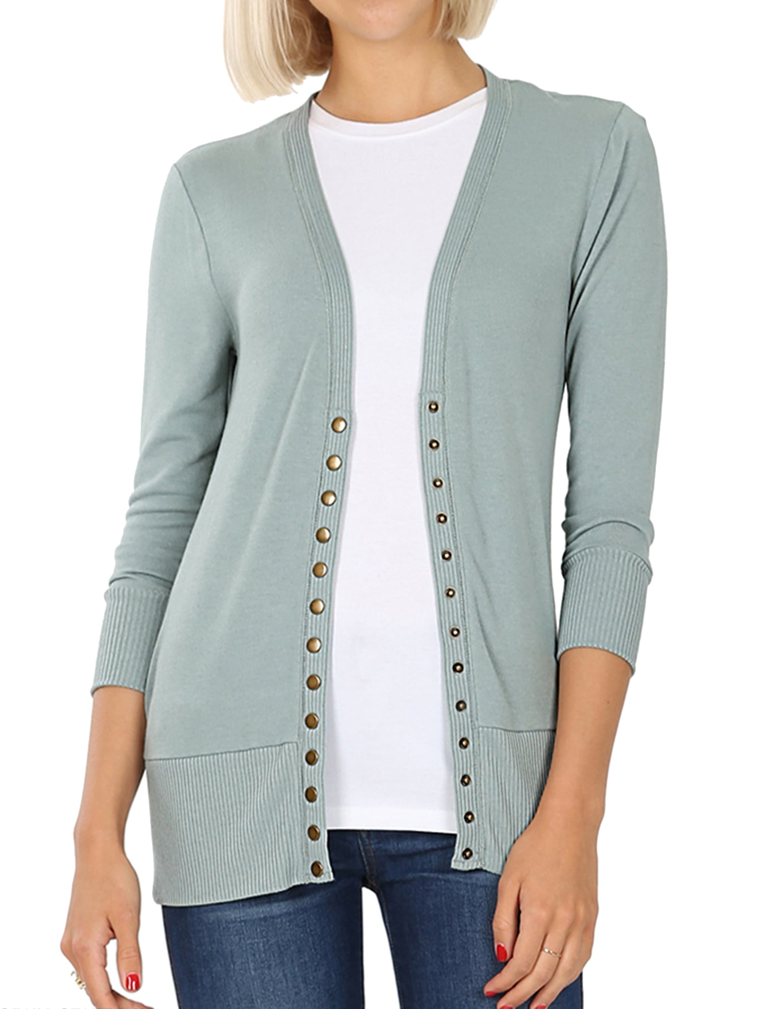 Zenana Women's Front V-Neck Classic Thin Snap Button Down 3/4 Sleeve ...